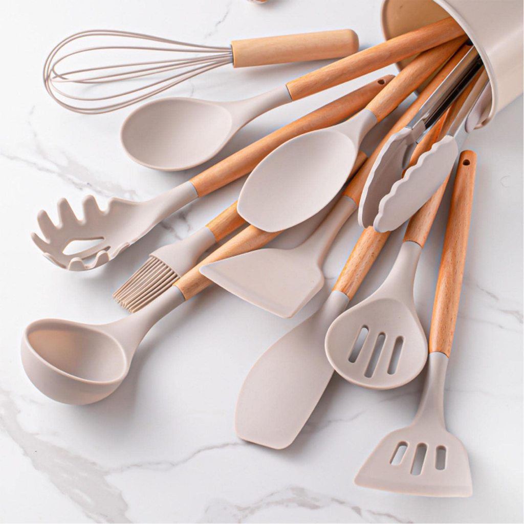 Non-Stick Kitchen Silicone Utensils Set 12pcs/14pcs with Storage Bucket ...