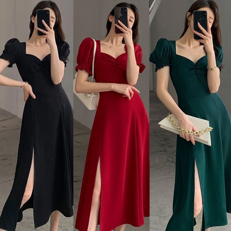 A027 Korean Style Retro Solid Long Dress For Women Elegant Puff-sleeve ...