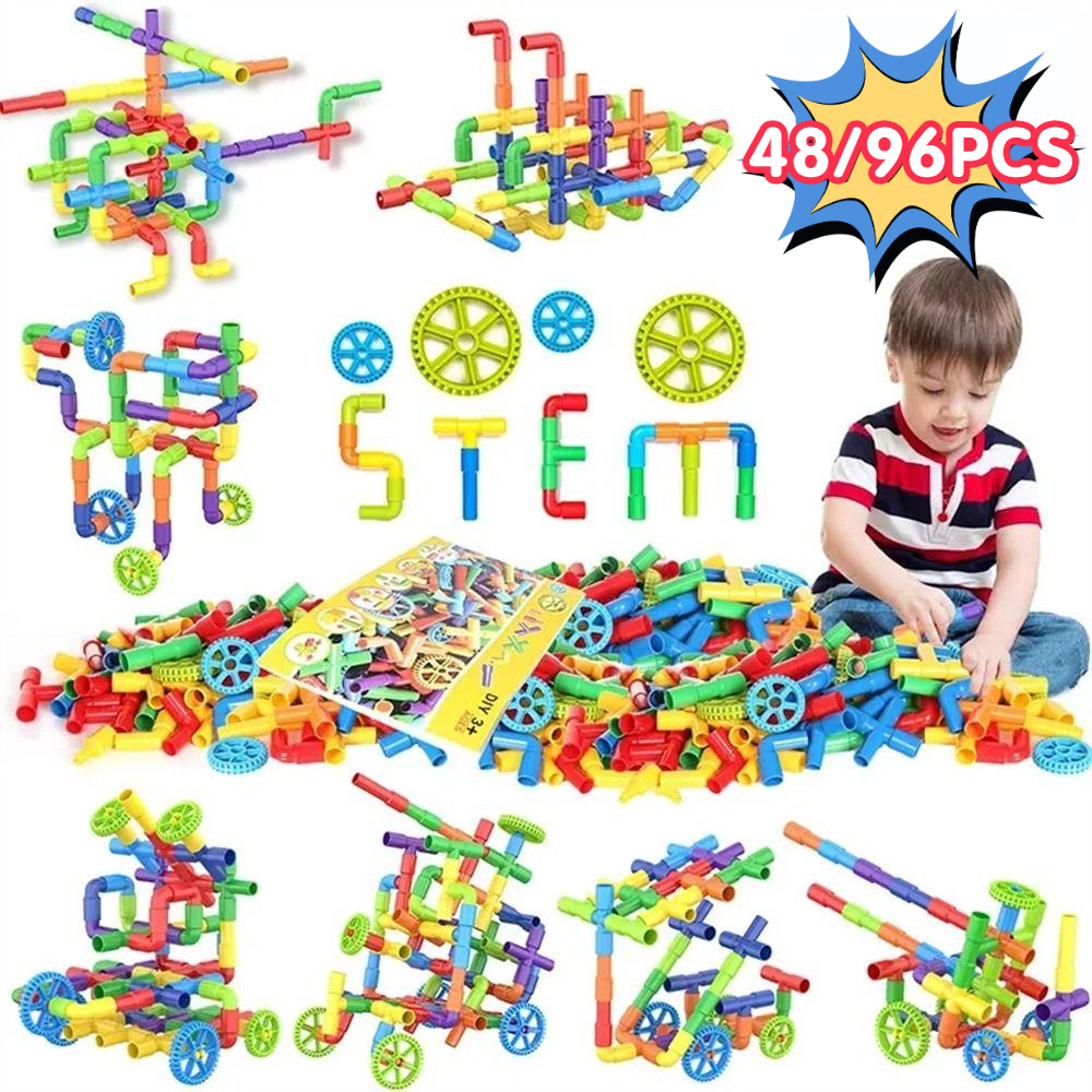 96PCS Pipeline Building Blocks Toy Kids DIY Assembling Tunnel Model Toy ...