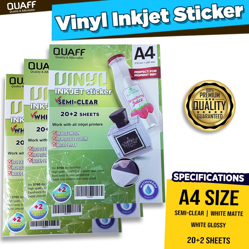 QUAFF Vinyl Inkjet Sticker Semi-Clear & White Glossy Waterproof A4 Size - 20 sheets per pack ...