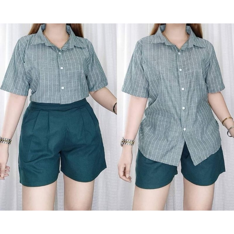 DashingDuds Ovesized Polo & Shorts Coords Chambray Stripes Top Linen ...
