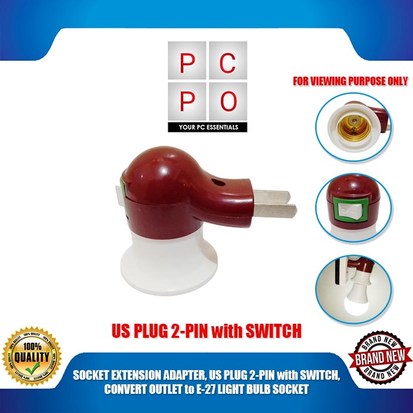 PC PO SOCKET EXTENSION ADAPTER, US PLUG 2-PIN with SWITCH, CONVERT OUTLET to E-27 LIGHT BULB ...