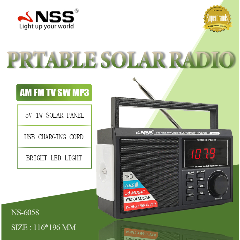 NSS Solar Rechargeable Radio Bluetooth With LED Light 3 BAND FM/AM/SW ...