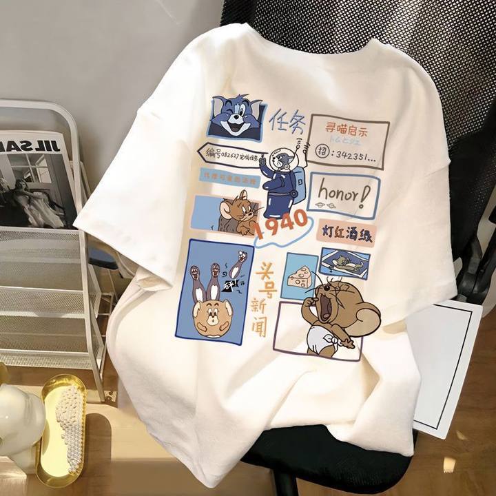 100% cotton Japanese fun cute cartoon cat and mouse print short-sleeved t-shirt couple attire ...