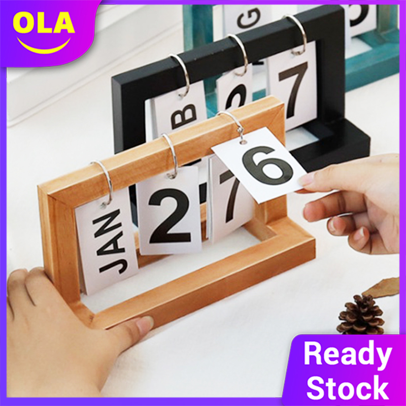 Vintage Wood Calendar Perpetual Wooden Flip Calendar Turn Page Month ...