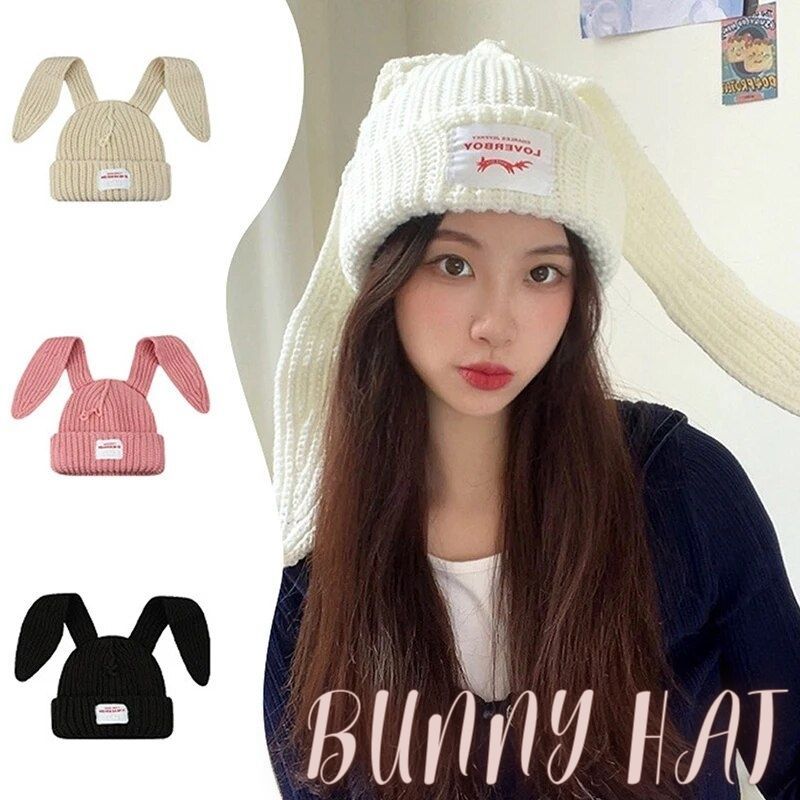 Fuzzy Warm Easter Kpop Bunny Long Ears Slouchy Hat Knit Beanie Crochet ...