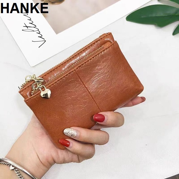 HANKE Small Coin Purse Wallet Glossy Leather with Zipper and Keychain ...