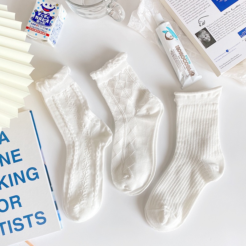 Pure white socks, women's mid length socks, Japanese Lolita bubble lace ...