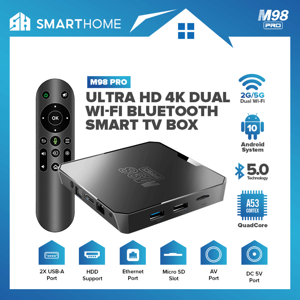 M98 Pro 2+16GB Smart TV Box BT5.0 ATV Voice Remote 4K HD Android 10 5G Dual WiFi LED Digital ...