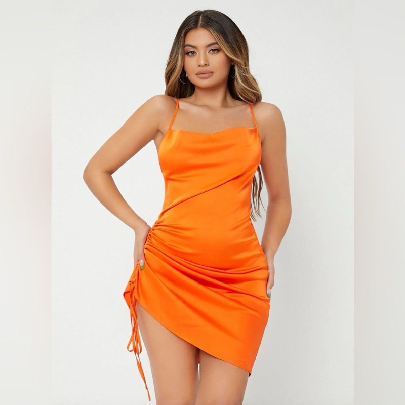 |MXN| One side drawstring Backless Silk Dress | Shopee Philippines