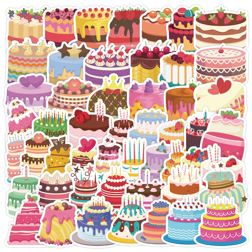 50PCS Birthday Cake design sticker L50-Birthday cake waterproof sticker ...