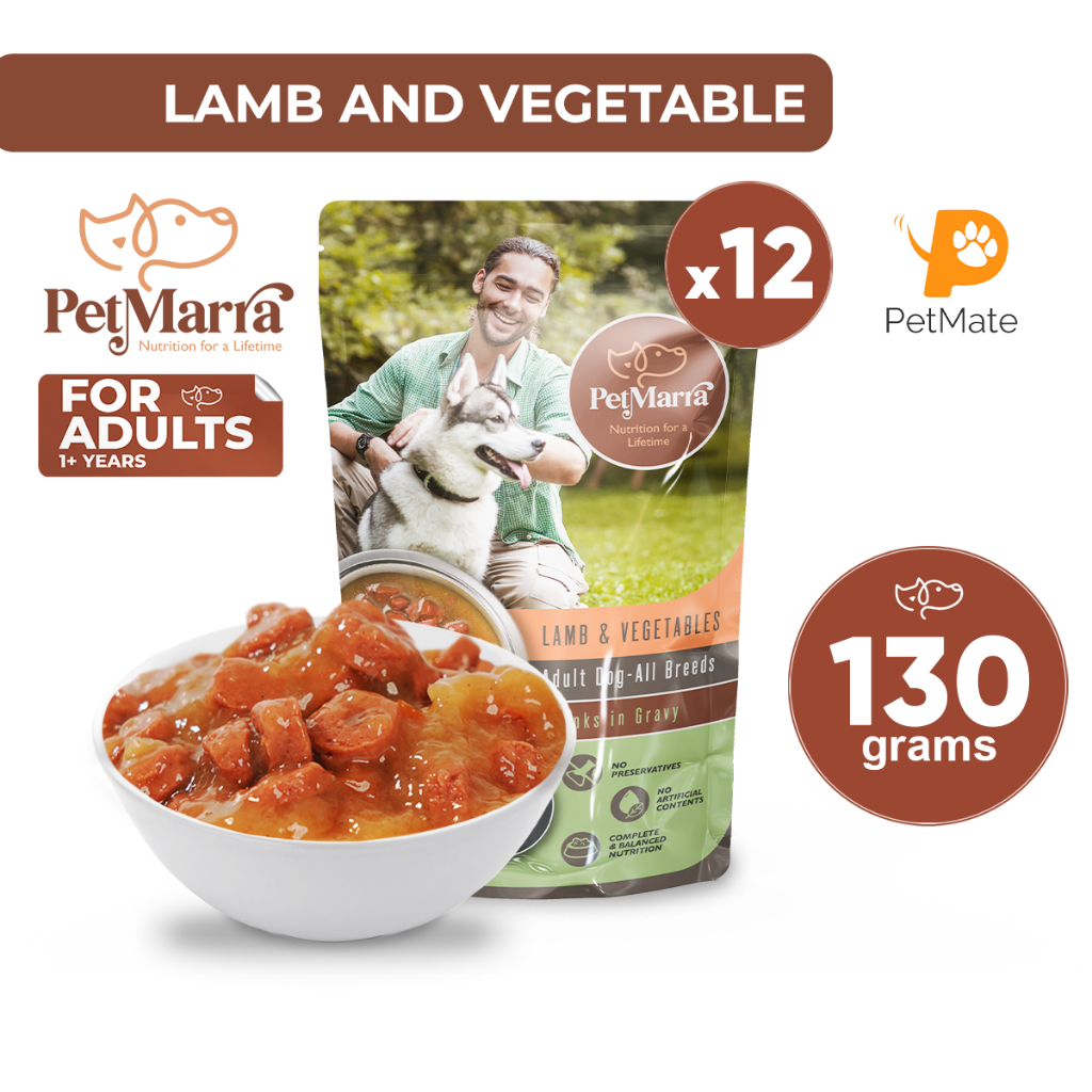 PetMarra Adult Dog Wet Food Pouch Chunks in Gravy Lamb and Vegetables 130g BUNDLE of 12 ...
