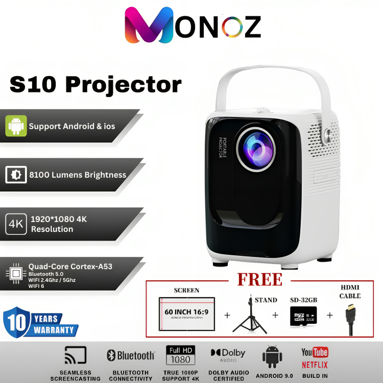 MONOZ New (2023) S10 PRO 5G Portable Wireless Mini Projector 4K UHD ...