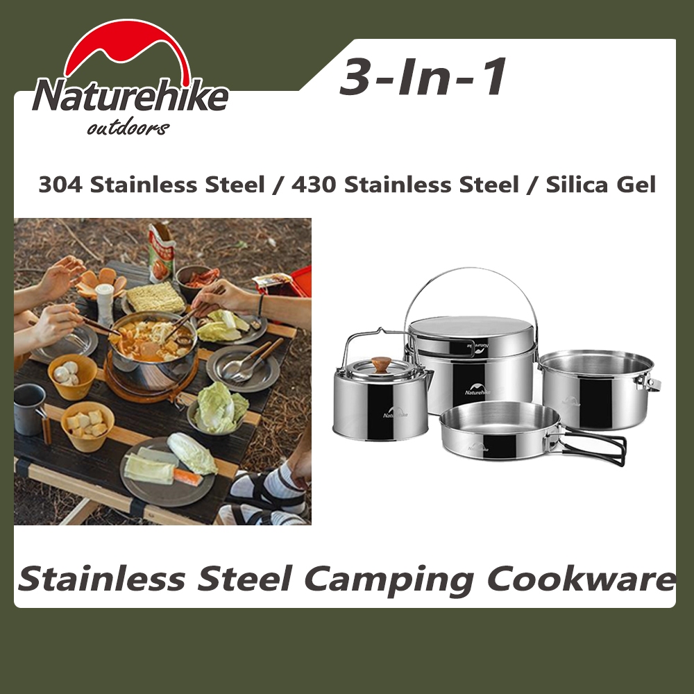 Naturehike Camping Cookware Ultralight Portable Pan Pot Kettle Set 3-In ...
