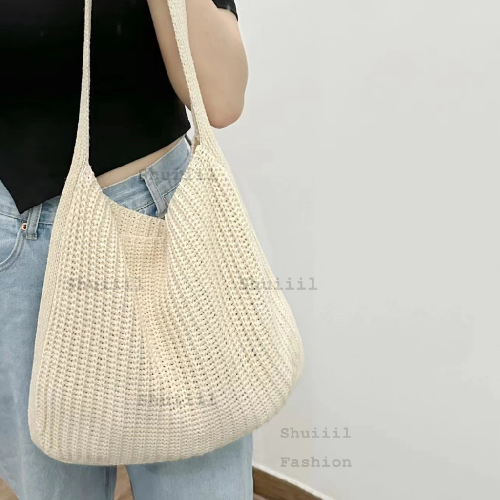 Shuiiil Knit Casual Bag Hollowed Out Shoulder Bag Travel Tote Bag Braid ...