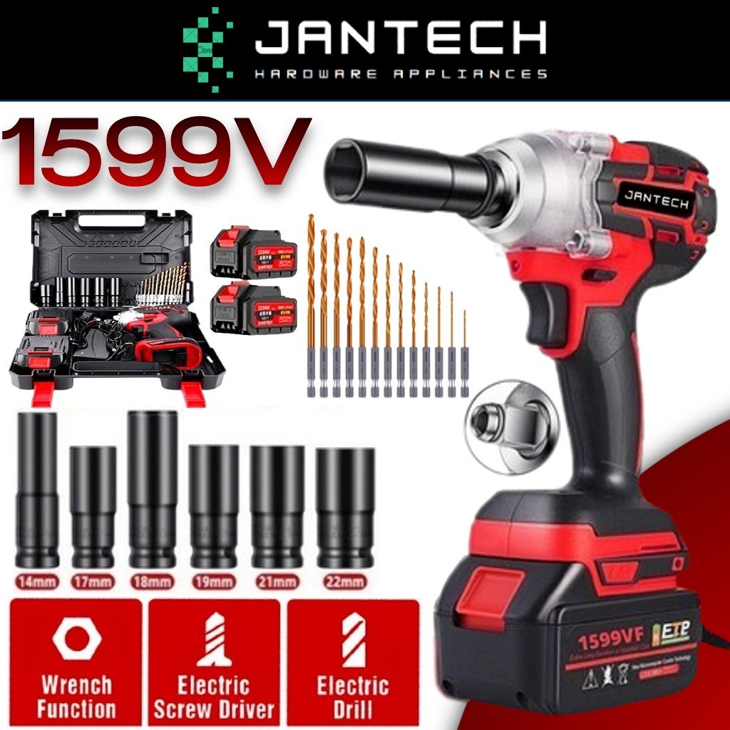 JANTECH 1599VF 3in1 Impact Wrench 880N.m 6 Size Cordless Electric Impact Wrench Screwdriver ...