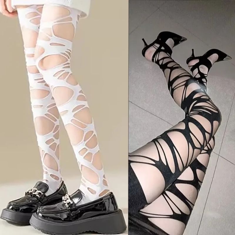 Punk Gothic Hollow Out Pantyhose Devil Cosplay Irregular Broken Hole ...