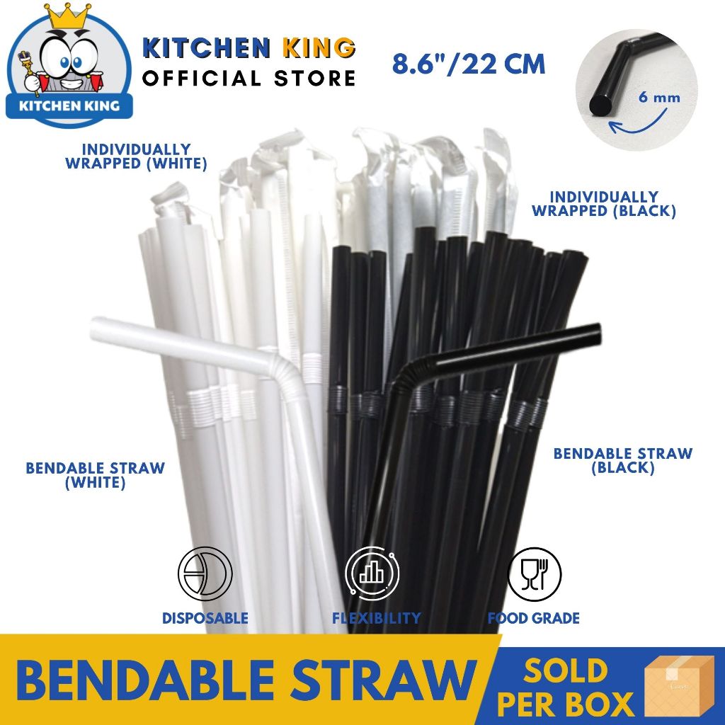 [50 PACKS] Bendable Straw BLACK | WHITE | Plastic Straw (Individually ...