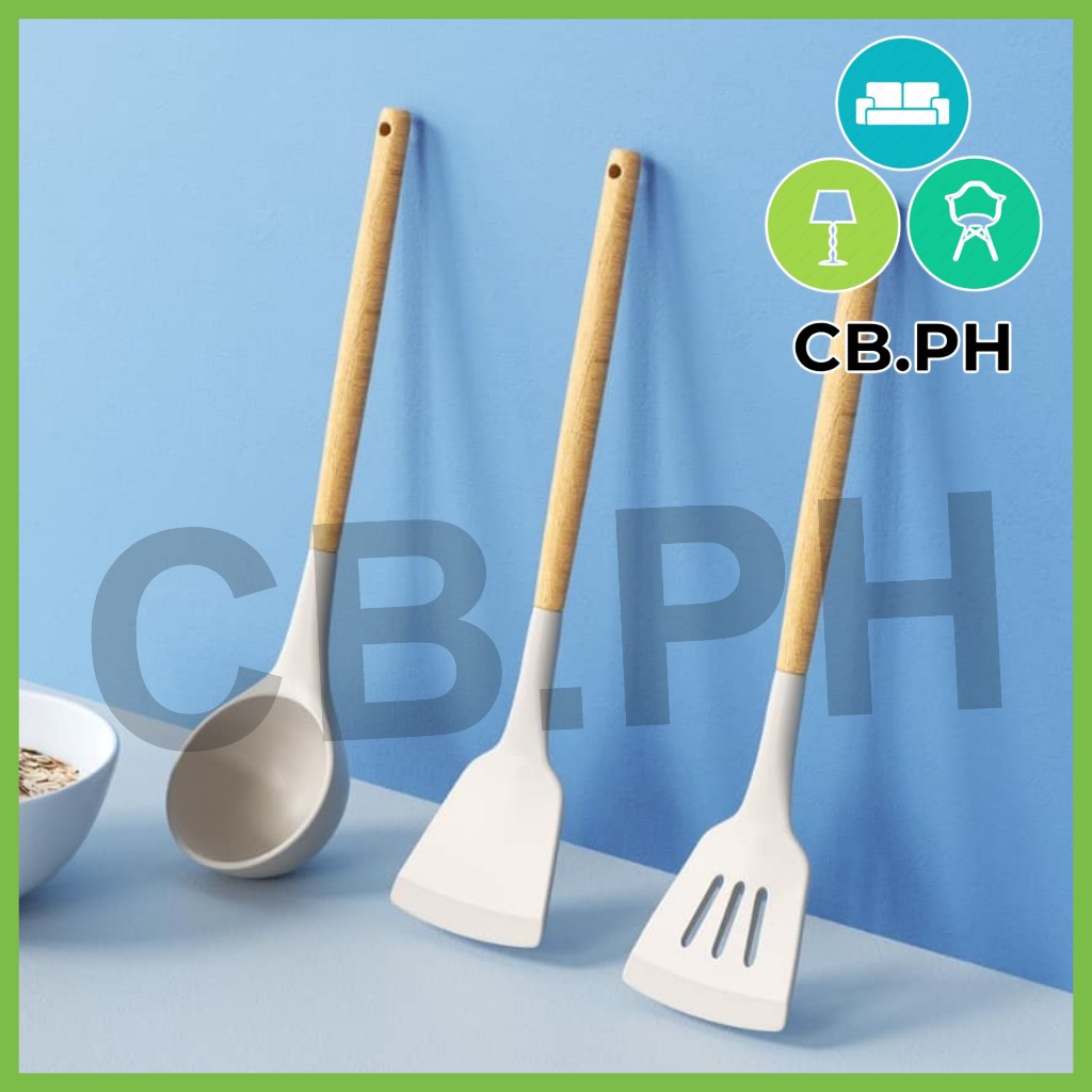 CB.PH 3PCS White Silicone Kitchenware Cooking Utensils Set Wooden ...