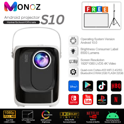 MONOZ Portable Projector NEW Android Projector S10 HD 5G WIFI LED ...