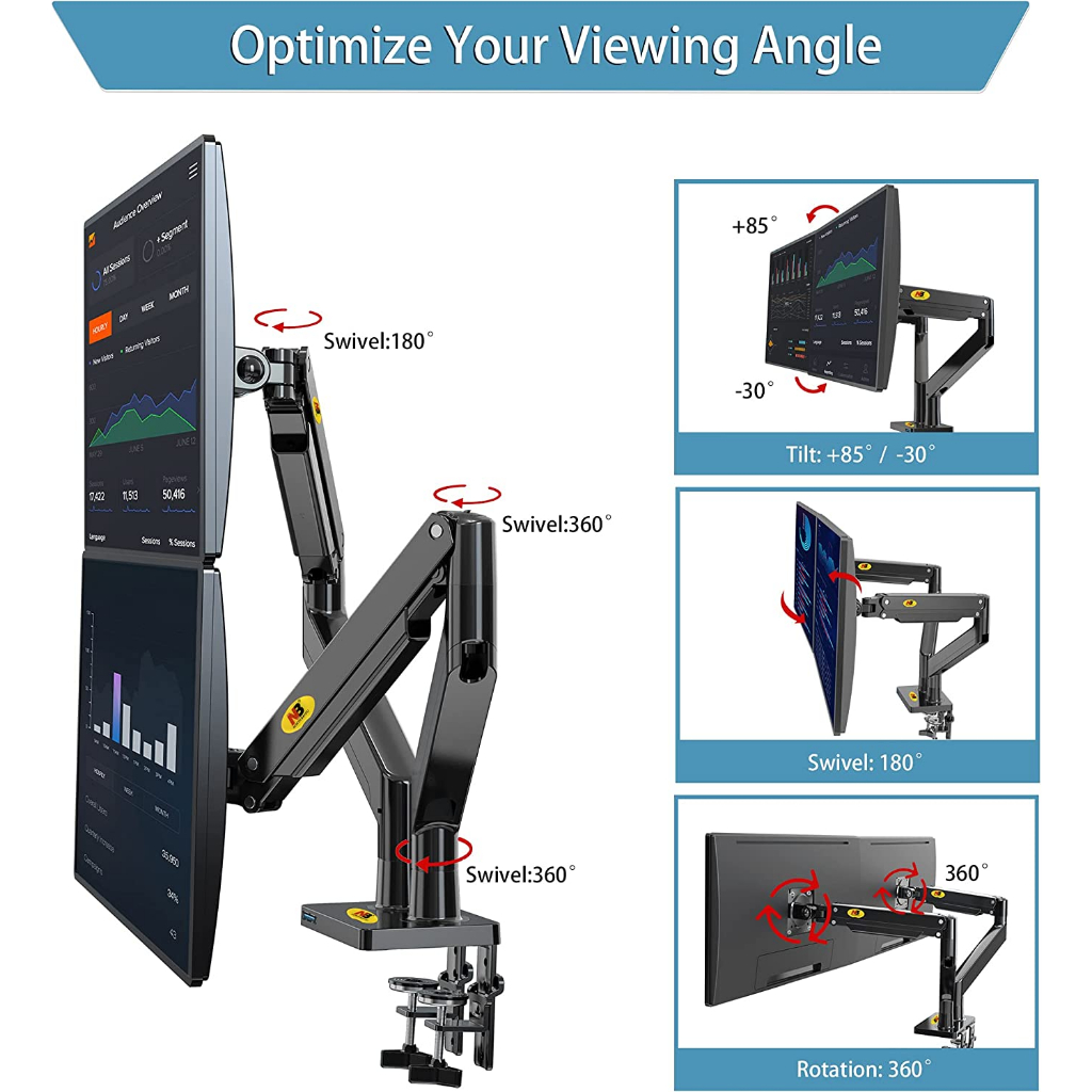 North Bayou NB G35 22-32 inch Full Swivel Dual Gas Strut Arm Monitor ...