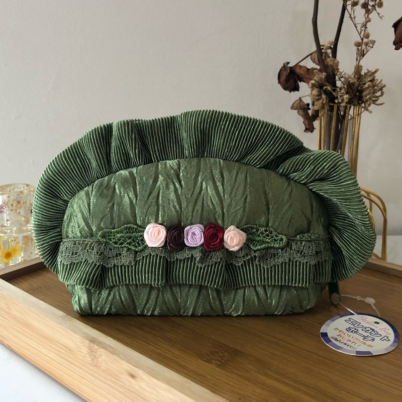 Ruffled Emerald Green Pouch with Flowers | Shopee Philippines