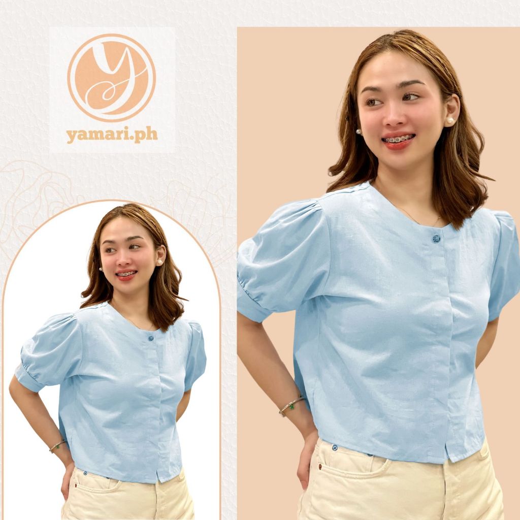 Yamari.PH Basic Casual linen round neck puffsleeves buttondown Polo top | VANESSA | Shopee ...