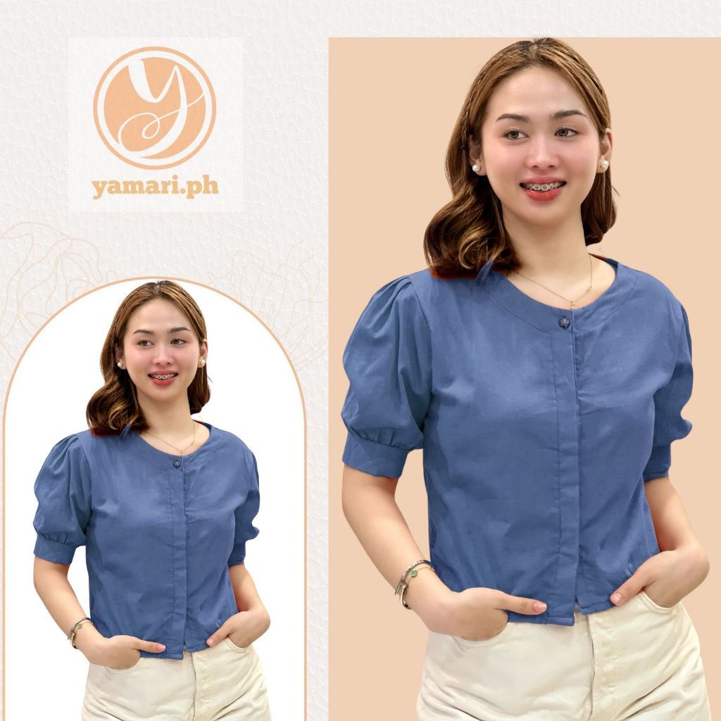 Yamari.PH Basic Casual linen round neck puffsleeves buttondown Polo top | VANESSA | Shopee ...