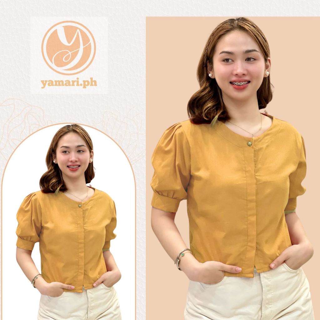 Yamari.PH Basic Casual linen round neck puffsleeves buttondown Polo top | VANESSA | Shopee ...