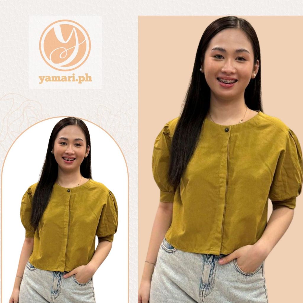 Yamari.PH Basic Casual linen round neck puffsleeves buttondown Polo top | VANESSA | Shopee ...