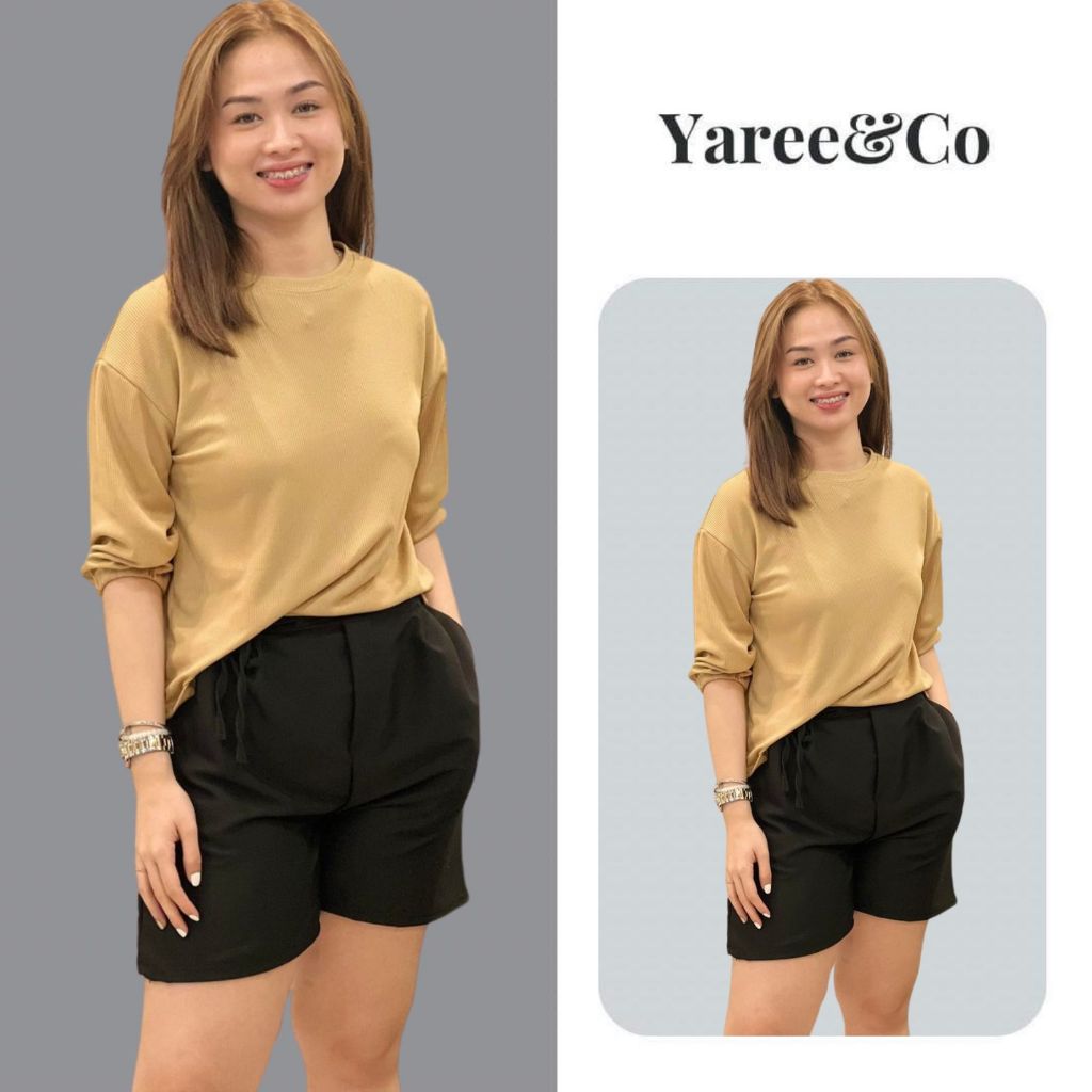 Yaree&Co. Jade Drop Shoulder 3/4 Sleeves Waffle Knit T-shirt Top ...