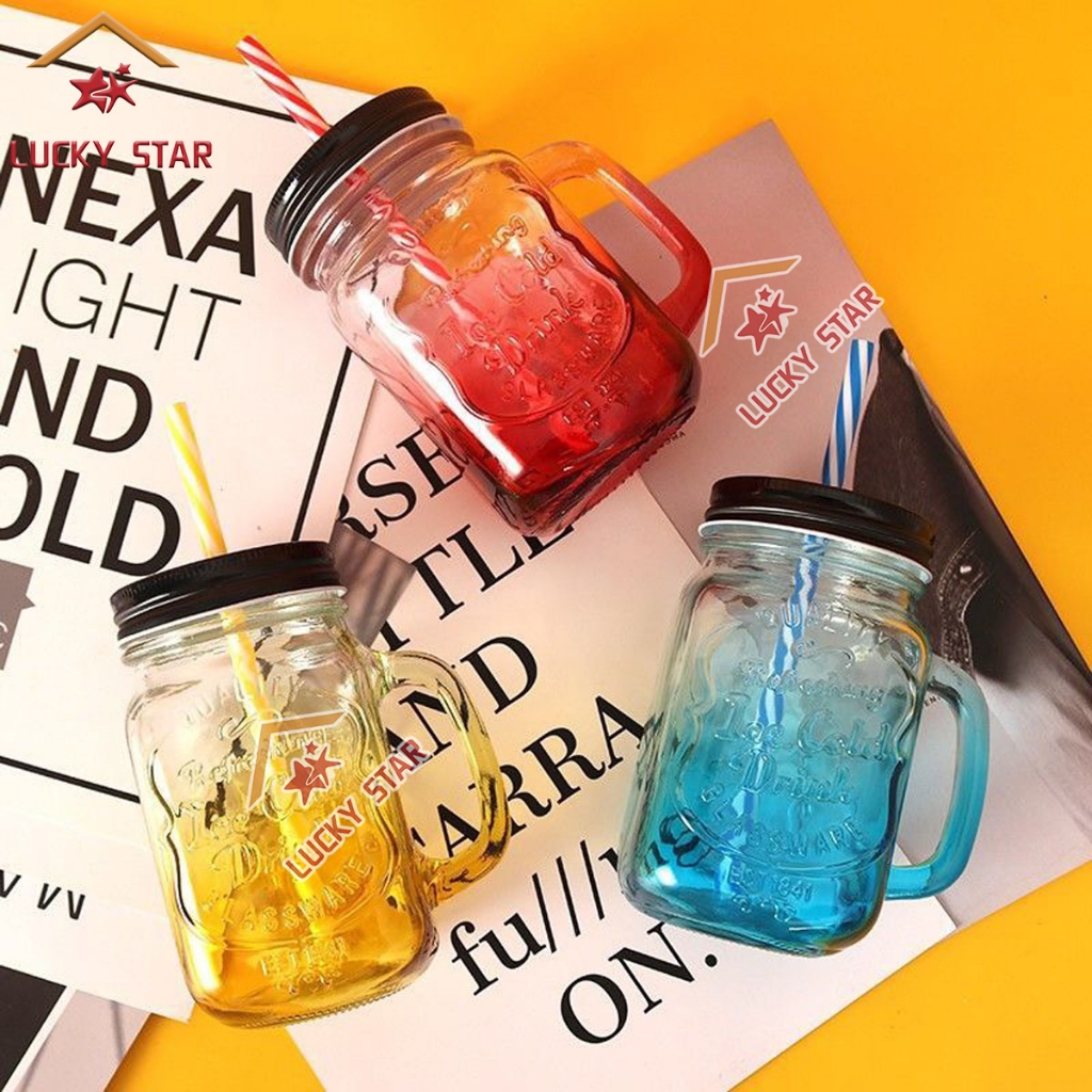 Frosted Gradient Mason Cup With Straw Colorful Transparent Glass Mug ...