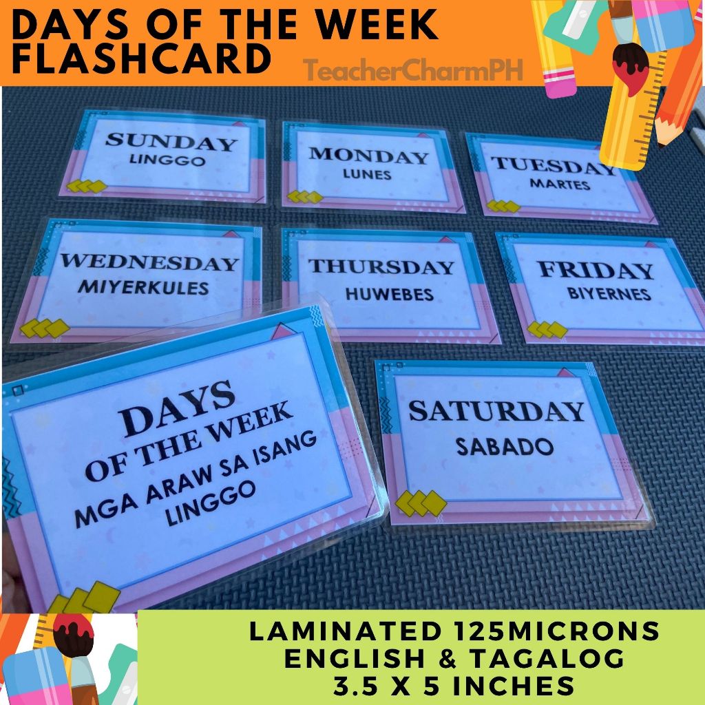 DAYS OF THE WEEK FLASHCARDS Laminated English Tagalog | Shopee Philippines