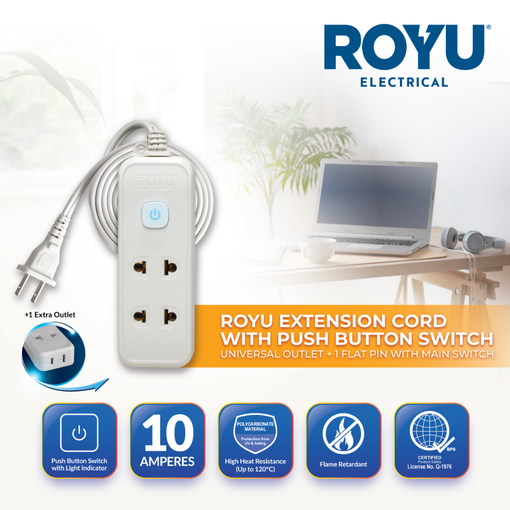 ROYU 2+1 GANG Extension Cord with Push Button Switch (6M Extension ...