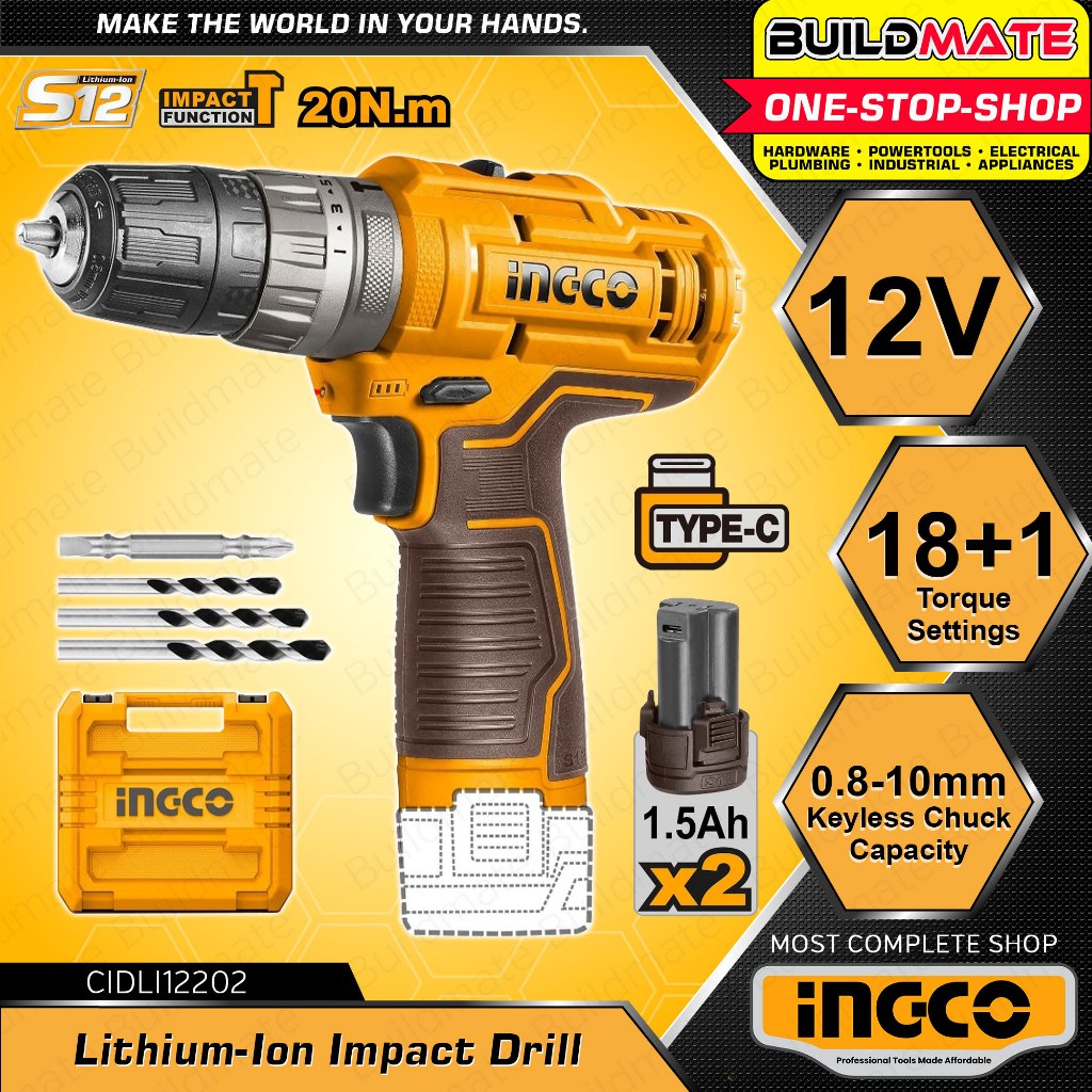 BUILDMATE Ingco 12V Lithium-Ion Cordless Impact Drill with 2x Battery ...