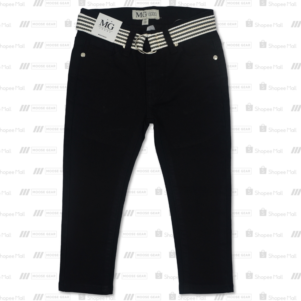 Moose Gear Black Denim Long Pants With MG Rivets & White Striped Belt ...