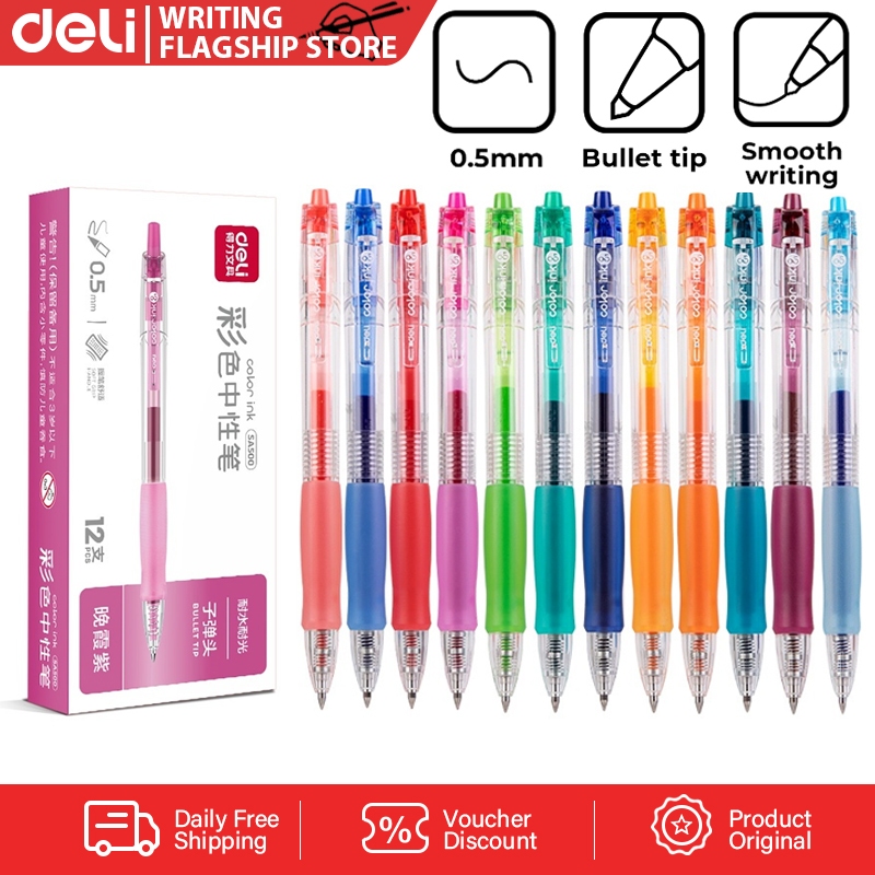 Deli 12 Colors Writing Gel Pen 0.5mm Bullet Head Pen Student Classroom ...