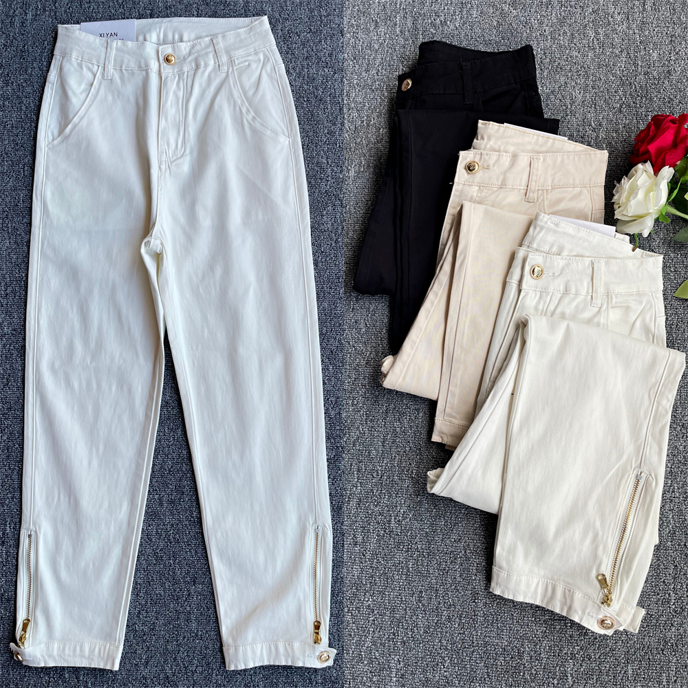 Women's Plain Elastic Nine-Point Pants High-Waisted Apricot Casual ...