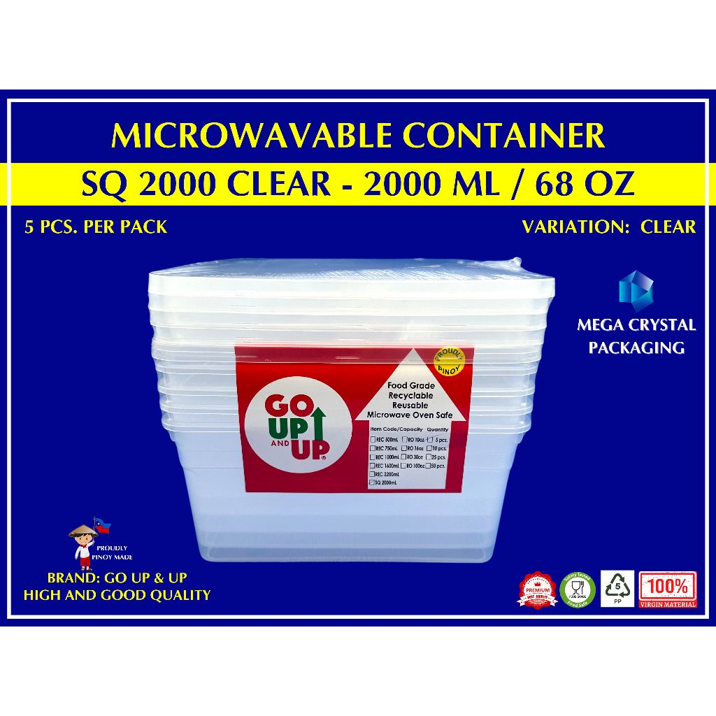 [ 5 Pcs ] Microwavable Container SQ 2000 - Square 2000 ml / 68 oz CLEAR ...