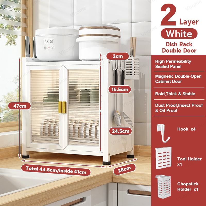 Vhome 2/3-Tier Dish Cabinet Dish Drainer With Cover Dish Rack Kitchen Plate Organizer Storage ...