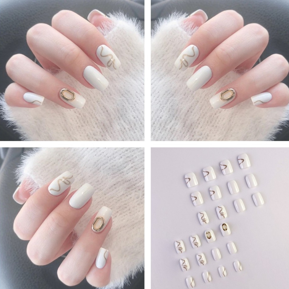 (Free Glue+2Gift )24PCS Trend Fake Nails Set With Sticker Glue French ...