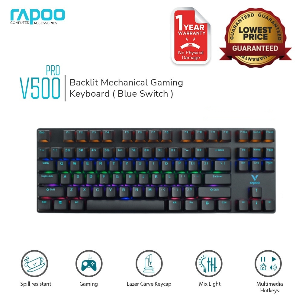 Rapoo V500PRO Wired 87 Keys Keyboard Gaming Mechanical Keyboard Mixed LED Backlit For Laptop PC ...