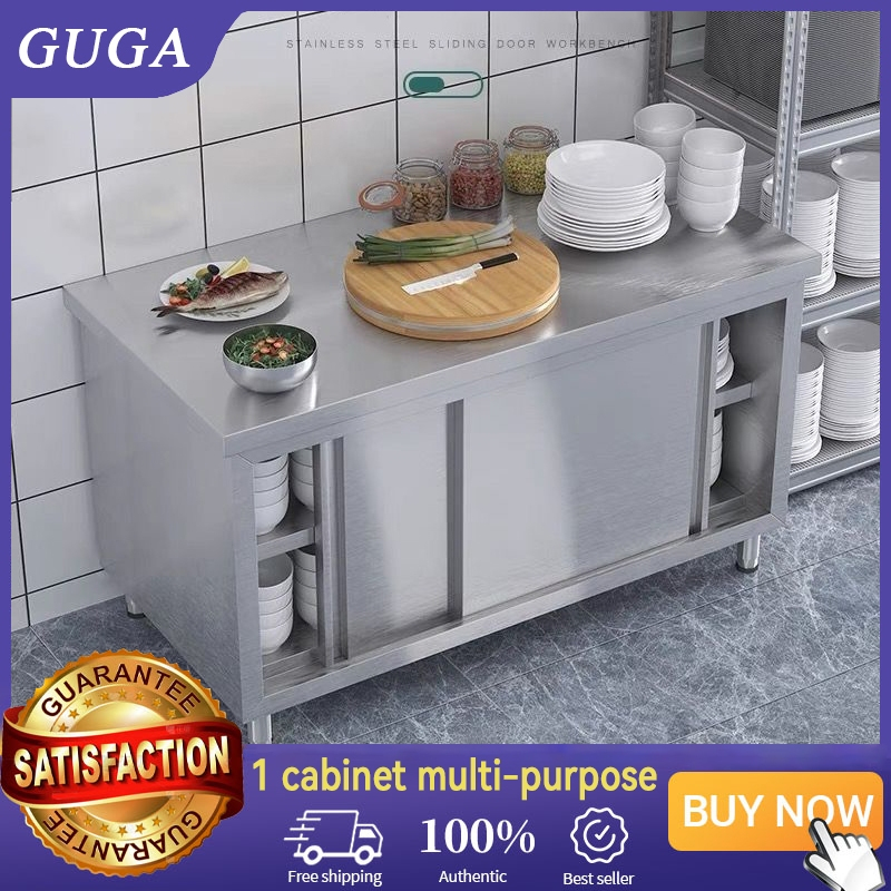 GUGA kitchen workbench 304 stainless steel sliding door workbench kitchen vegetable cutting ...