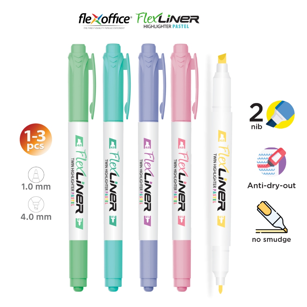 FlexOffice Pastel Highlighter Twin Nib - 1pc/3pcs OPP - 1.0mm & 4.0mm ...