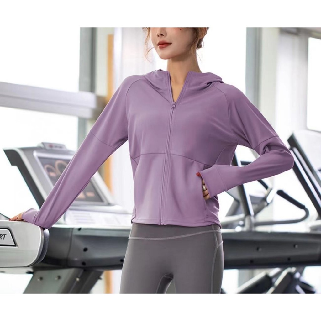 woman yoga quick drying long sleeve hooded jacket sports girl coat with ...