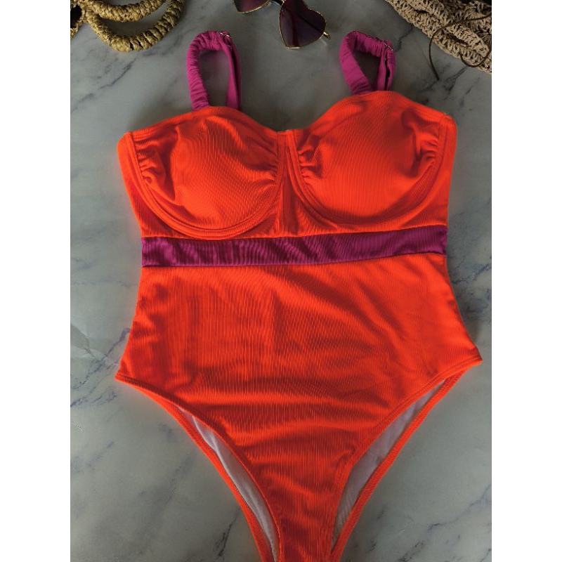 Plus Size 0XL One Piece Neon Orange with Fuschia Under wired Swimsuit ...
