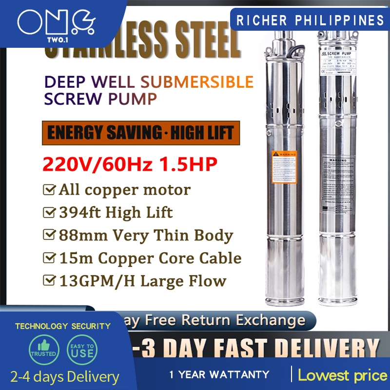 3'' 1.5HP Submersible Pump 220V 60Hz Stainless Steel Deep Well Pump Small Screw Water Pump ...