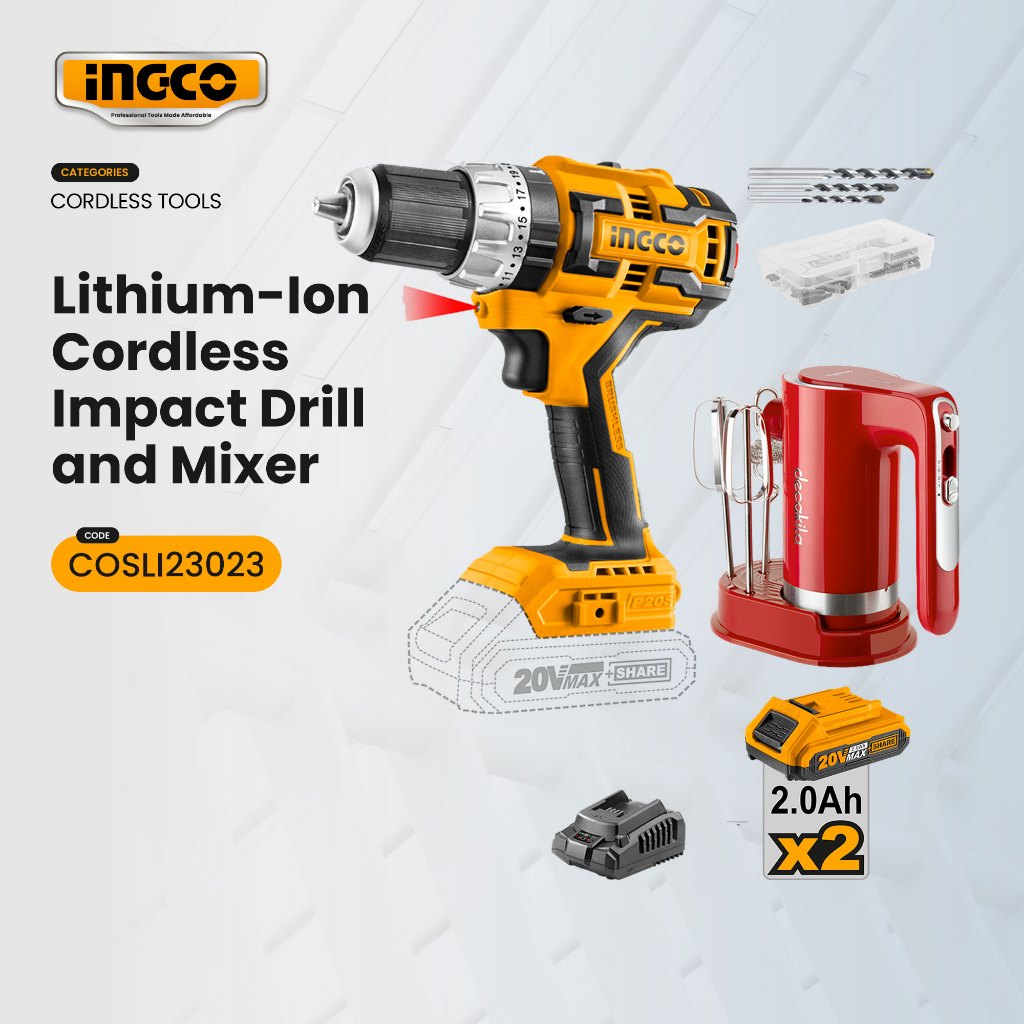 Ingco Cordless Combo Kit Set Impact Drill w/ Kitchen Mixer COSLI23023 ...