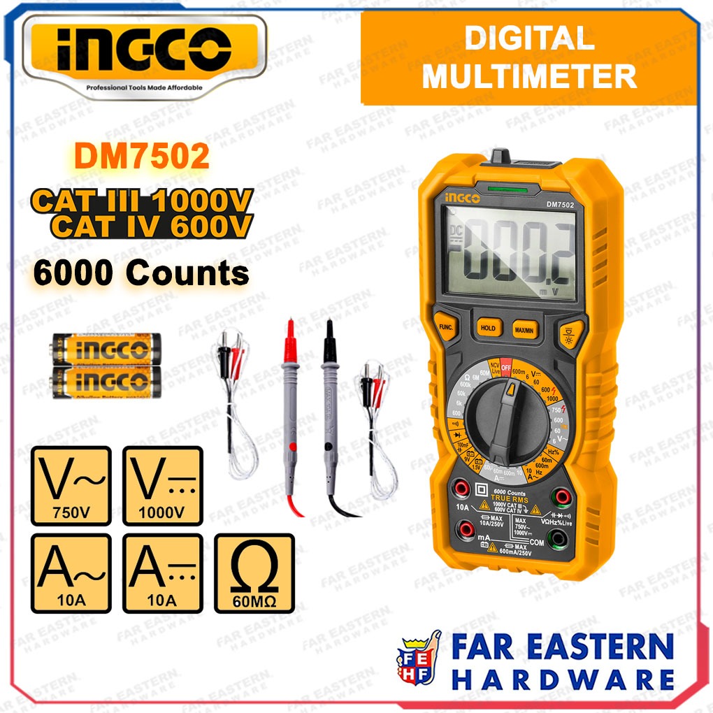 INGCO Digital Multimeter Electrical Volt Meter Tester 6000 Counts INMT ...