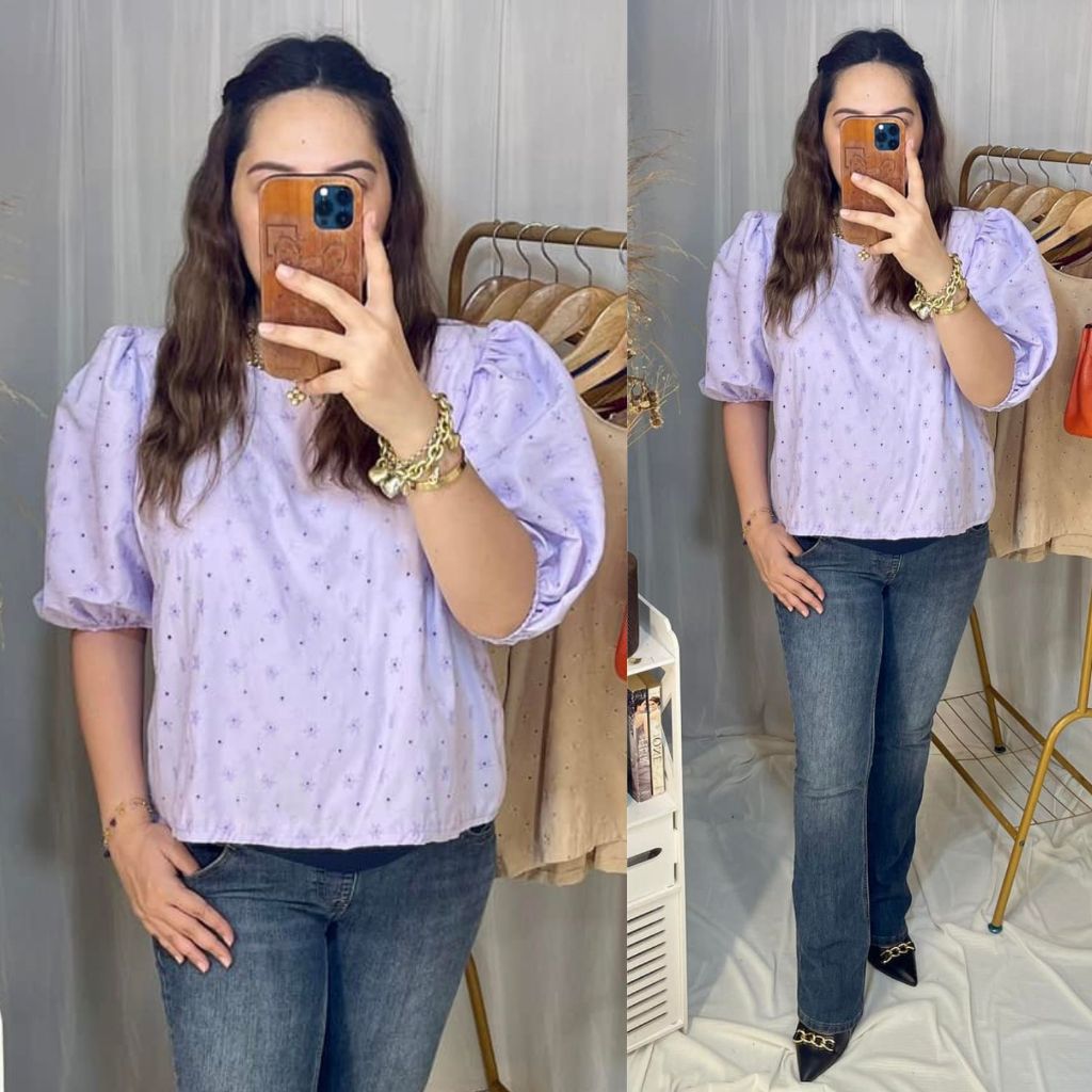 PLUS SIZE CHUBBY WOMEN Top Blouse Puff Sleeves XL 2XL 3XL Linen Eyelet ...